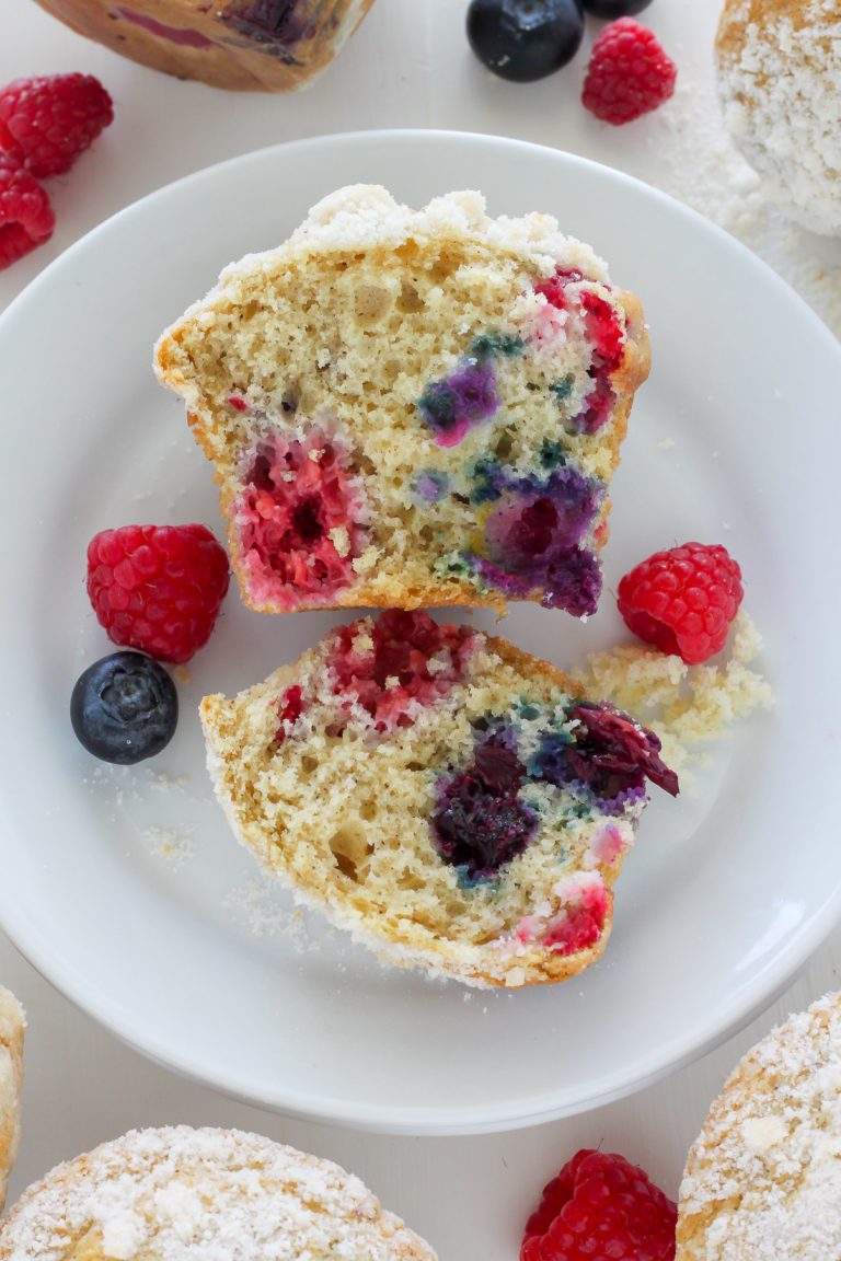 Blueberry-Raspberry Muffins with Streusel Topping - Baker by Nature