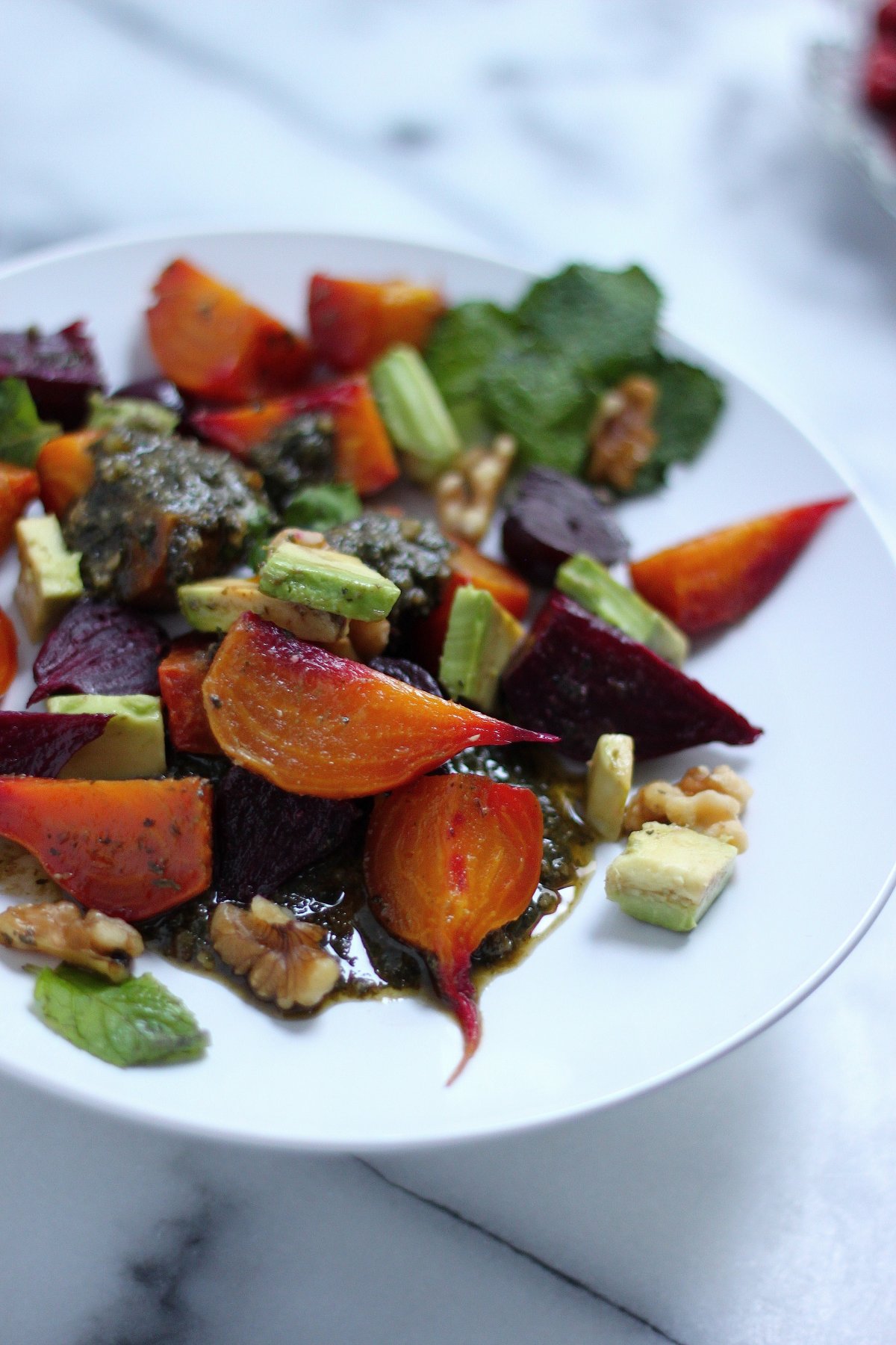 Baby Beet & Avocado Salad with Walnut-Mint Pesto - Baker by Nature