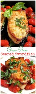 One-Pan Seared Swordfish with Spicy Olive Oil Poached Tomatoes - Baker ...