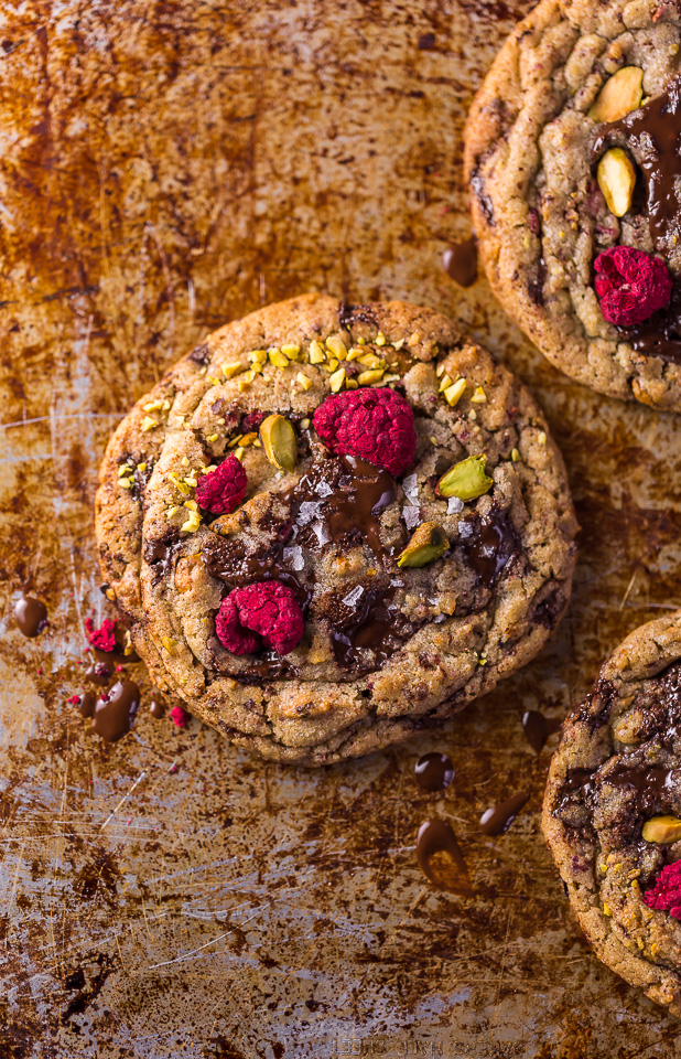 Raspberry Pistachio Chocolate Chunk Cookies - Baker by Nature