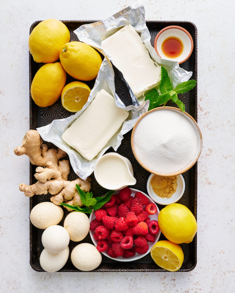 Lemon Ginger Cheesecake with Raspberry Sauce - Baker by Nature