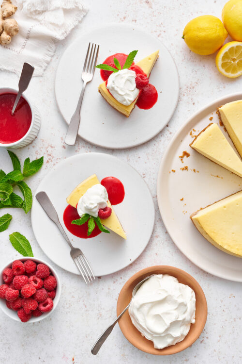 Lemon Ginger Cheesecake with Raspberry Sauce - Baker by Nature